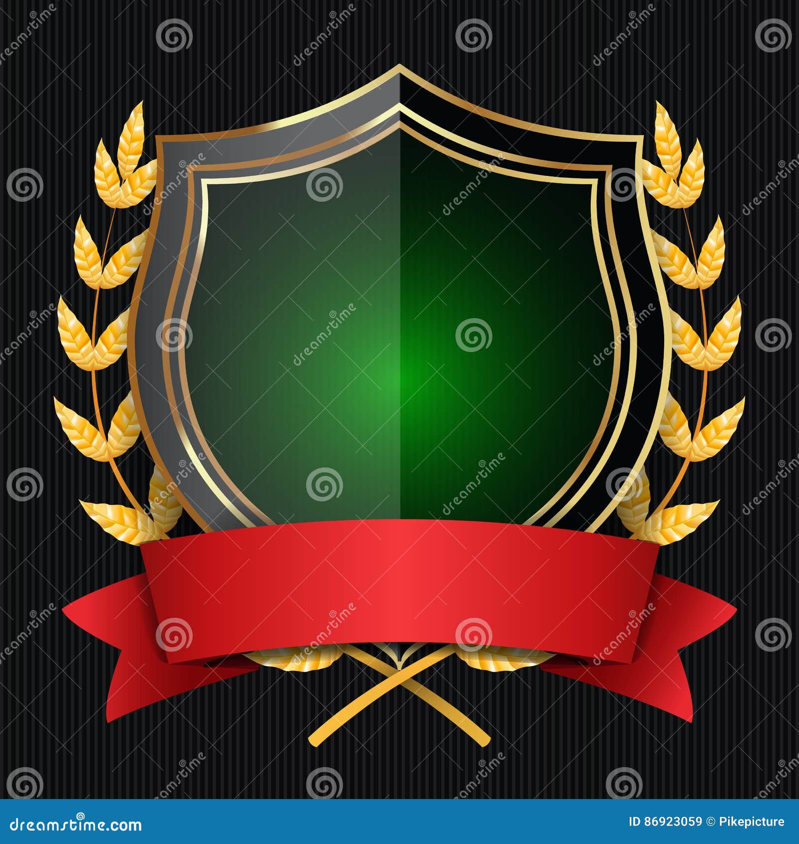 Golden Shield with Laurel Wreath and Red Ribbon. Vector Illustration ...