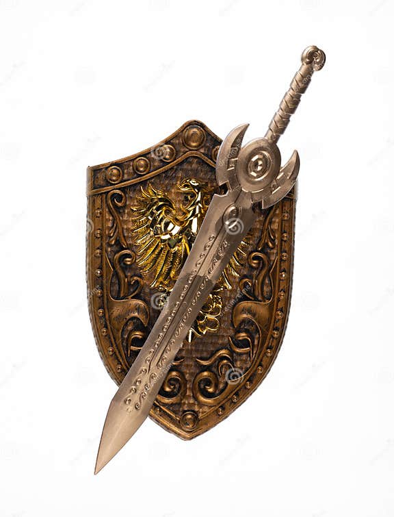 Golden Shield and Sword Isolated on White Stock Photo - Image of ...