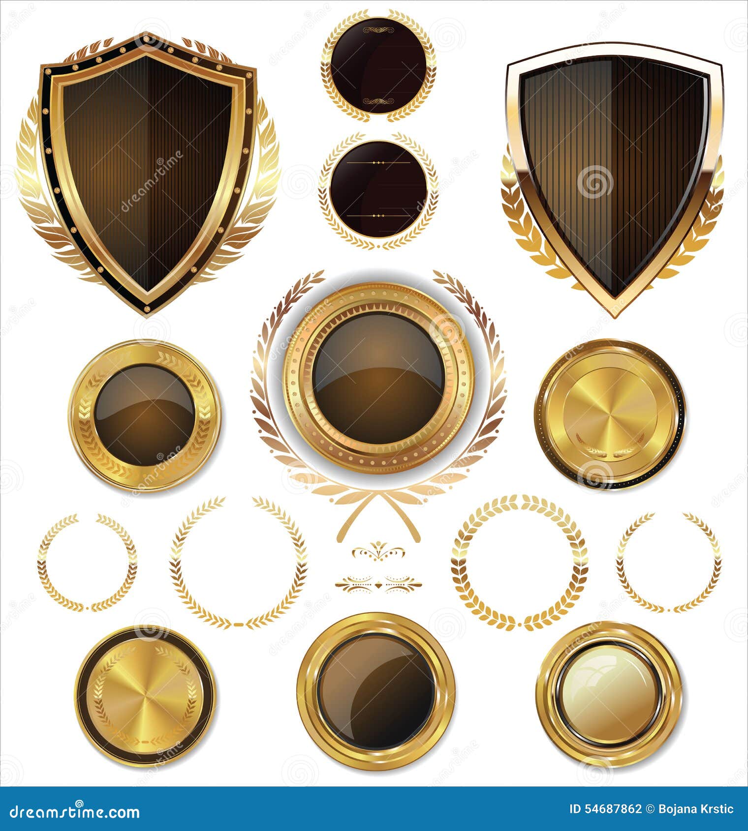 Golden Shields Laurel Wreath With Golden Ribbon Vector Collection ...