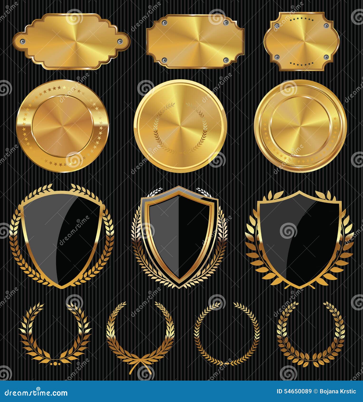 Golden Shields, Laurels and Medals Collection Stock Illustration ...