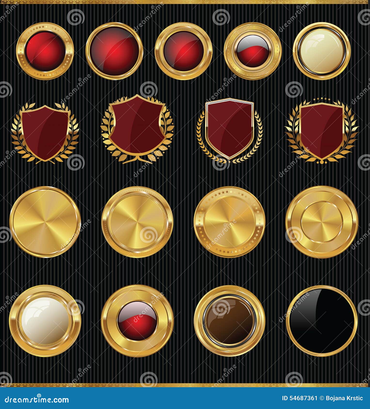 Golden Shields, Laurels and Medals Collection Stock Illustration ...