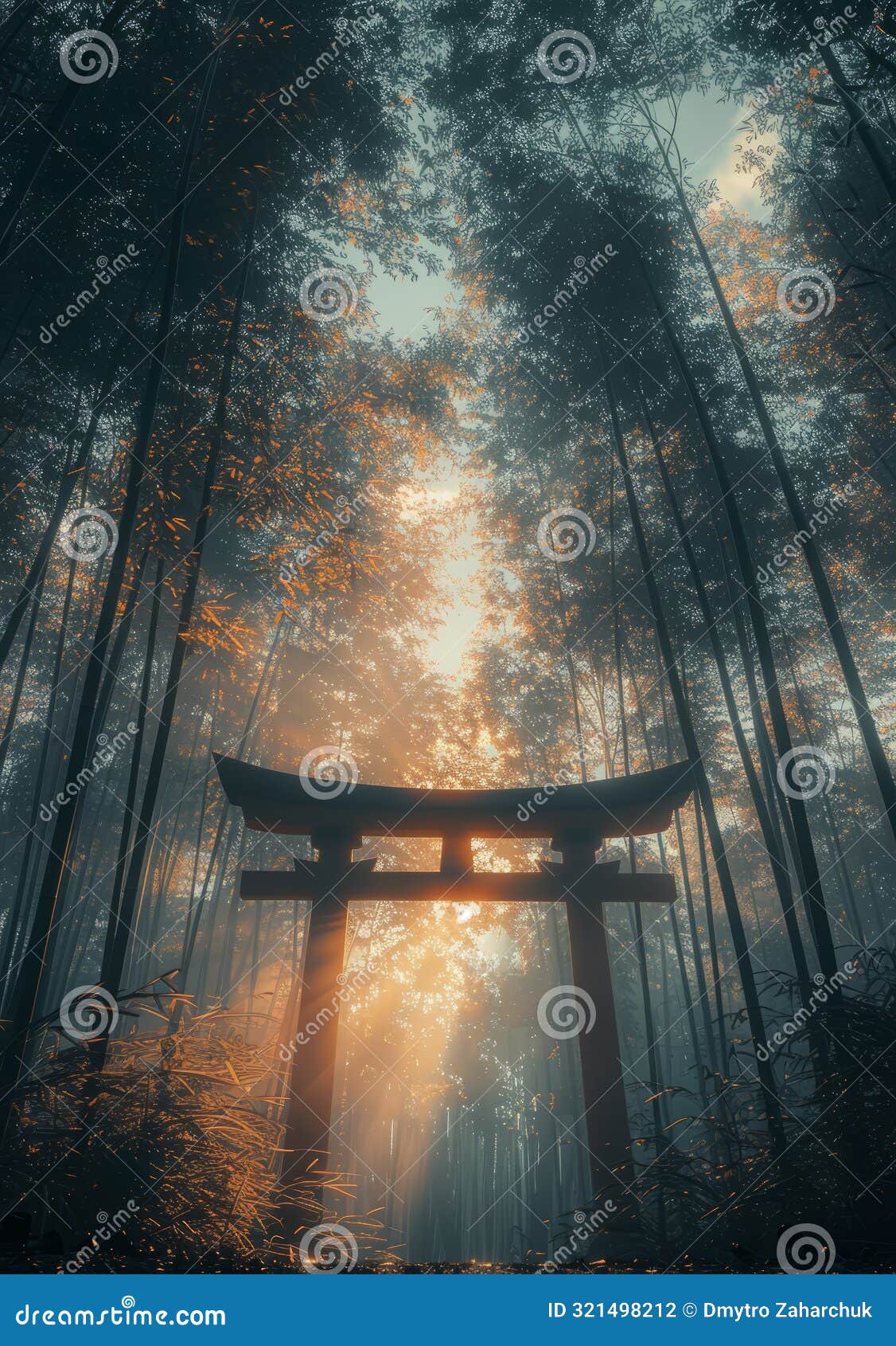 Golden Shinto Torii Gate in the Midst of a Misty Bamboo Forest, Rays of ...
