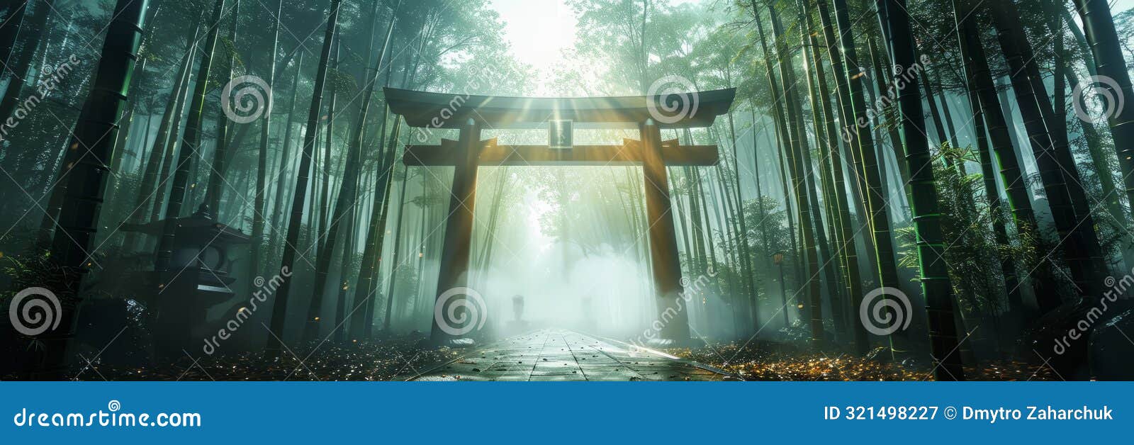 Golden Shinto Torii Gate in the Midst of a Misty Bamboo Forest, Rays of ...