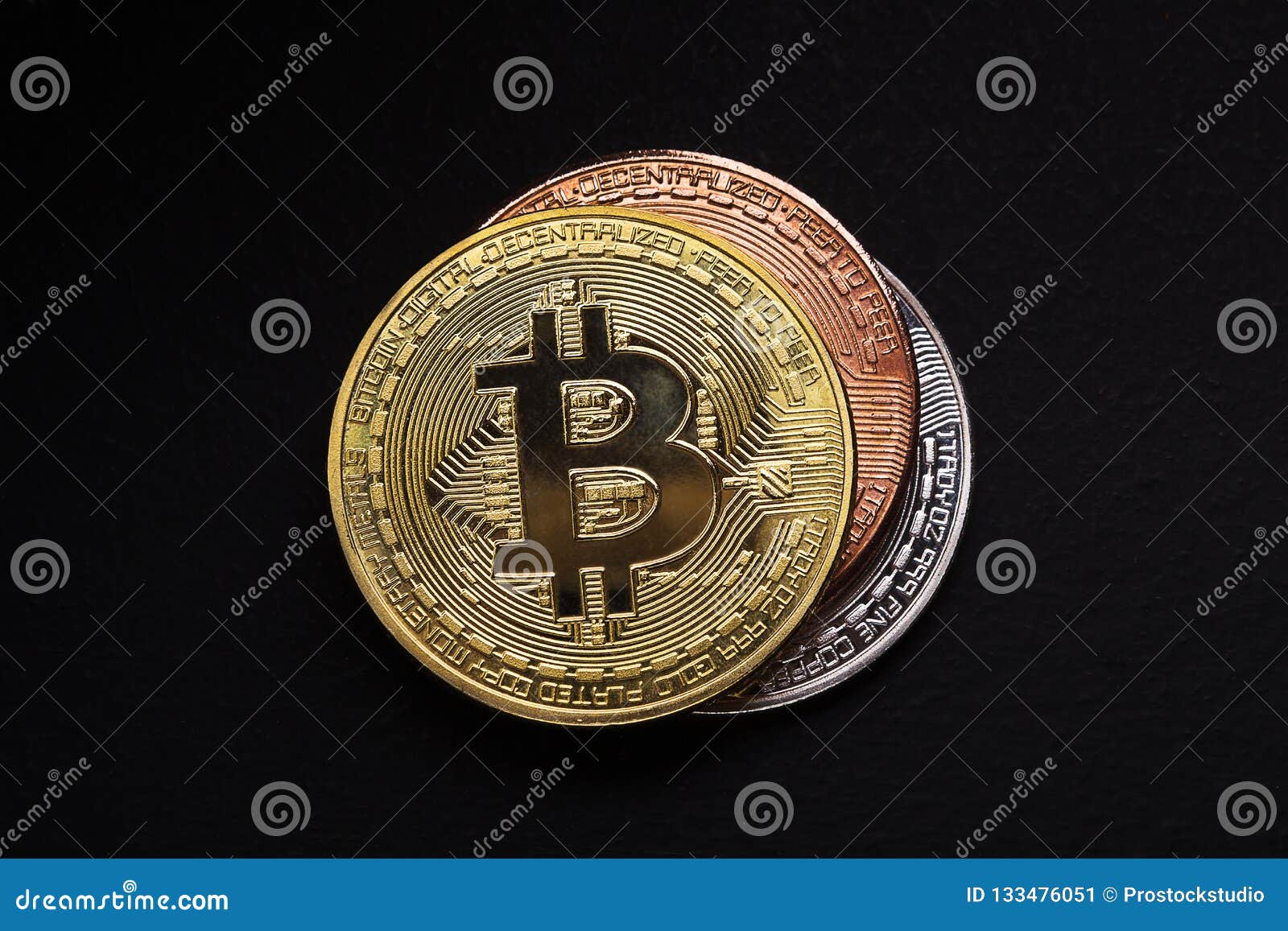 Golden, Silver and Bronze Bitcoin on Black Background Stock Image ...