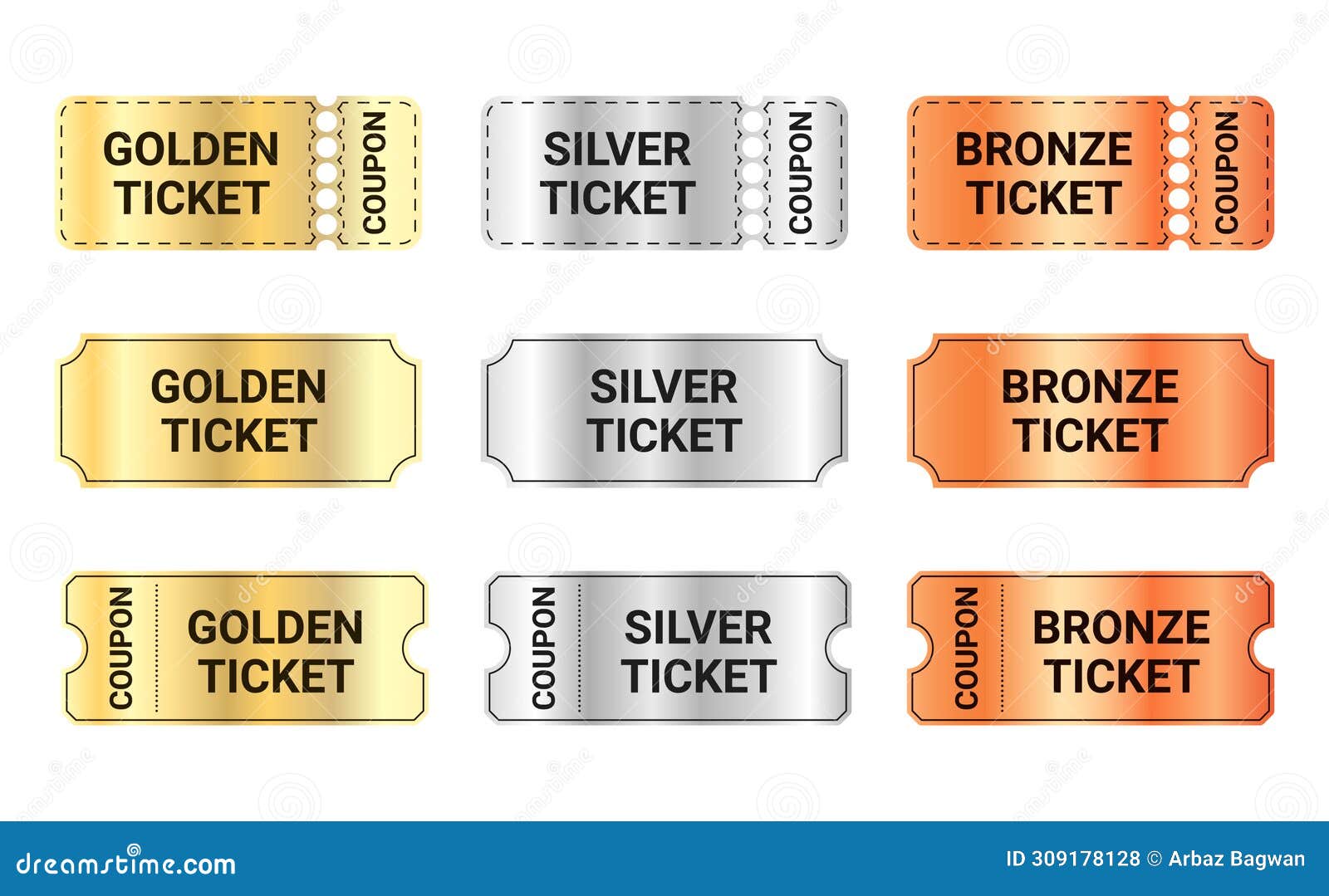 Golden, Silver and Bronze Ticket Coupon Set Stock Vector - Illustration ...