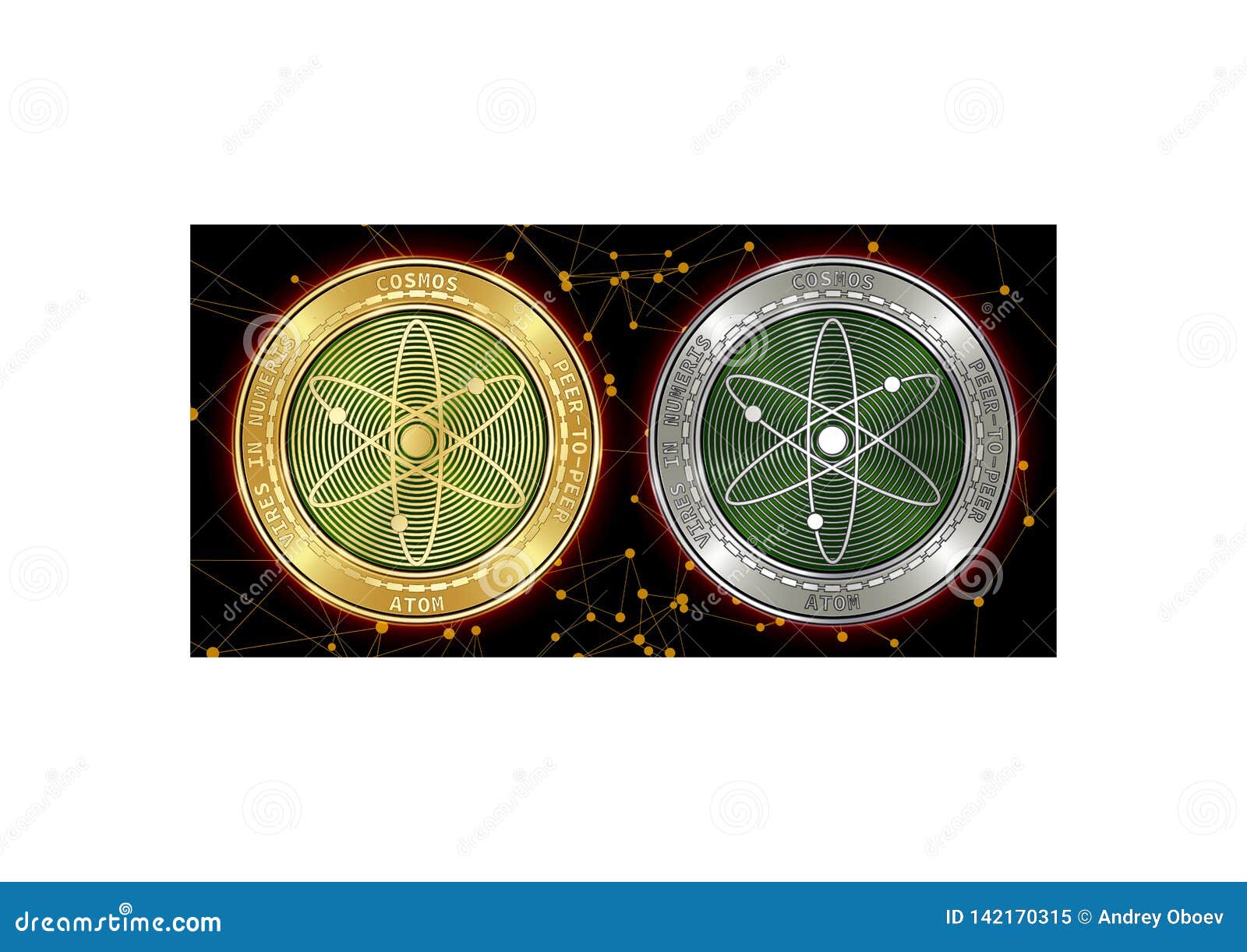 Golden and Silver Cosmos ATOM Cryptocurrency Coins on Blockchain ...