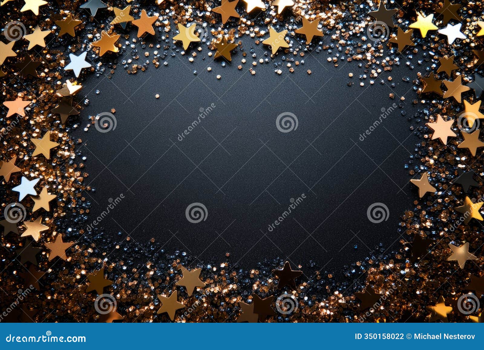 Golden and Silver Glitter and Stars Forming Border on Black Background ...