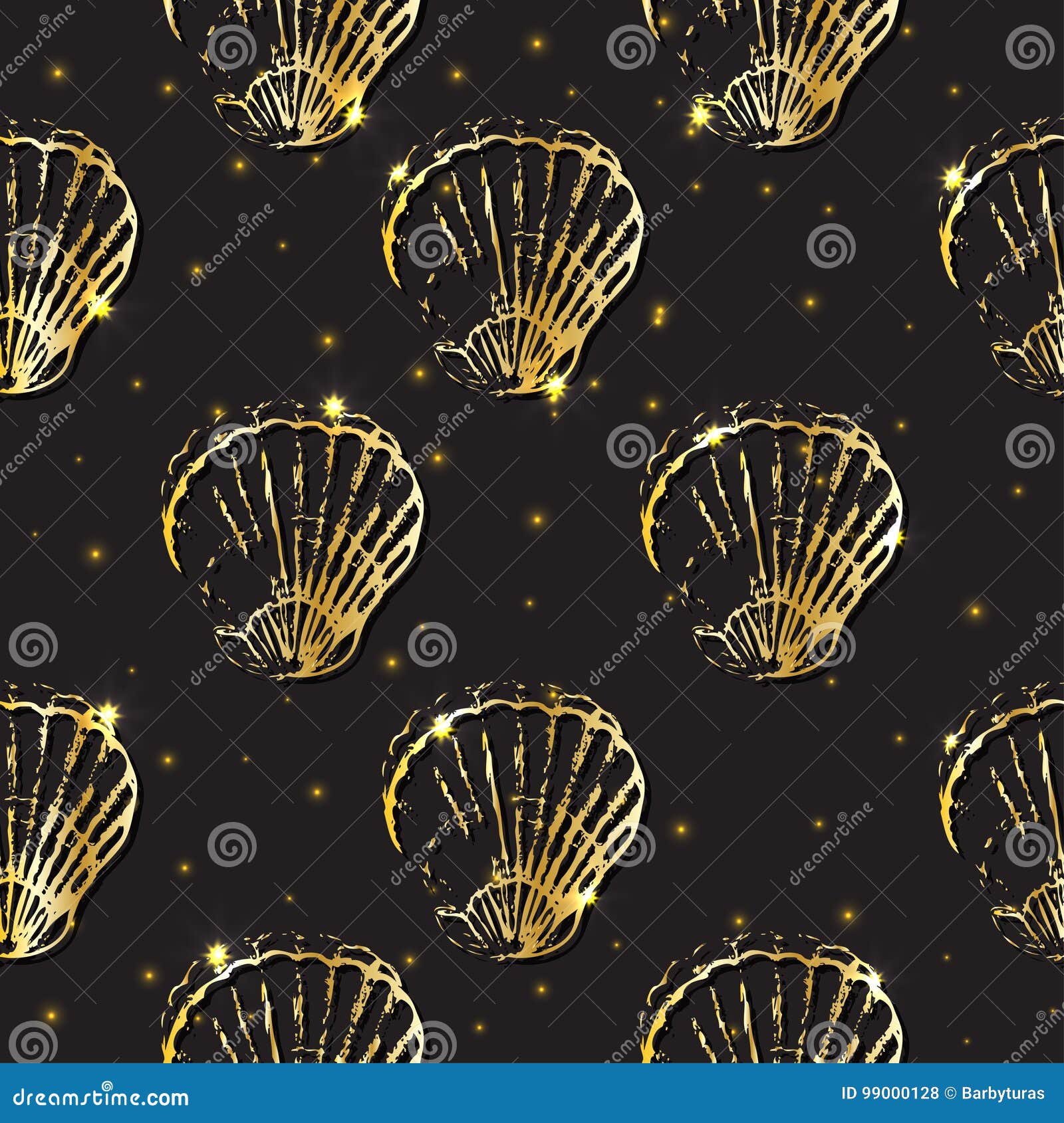 Golden Sketch Seashell Decor Seamless Pattern. Stock Illustration ...