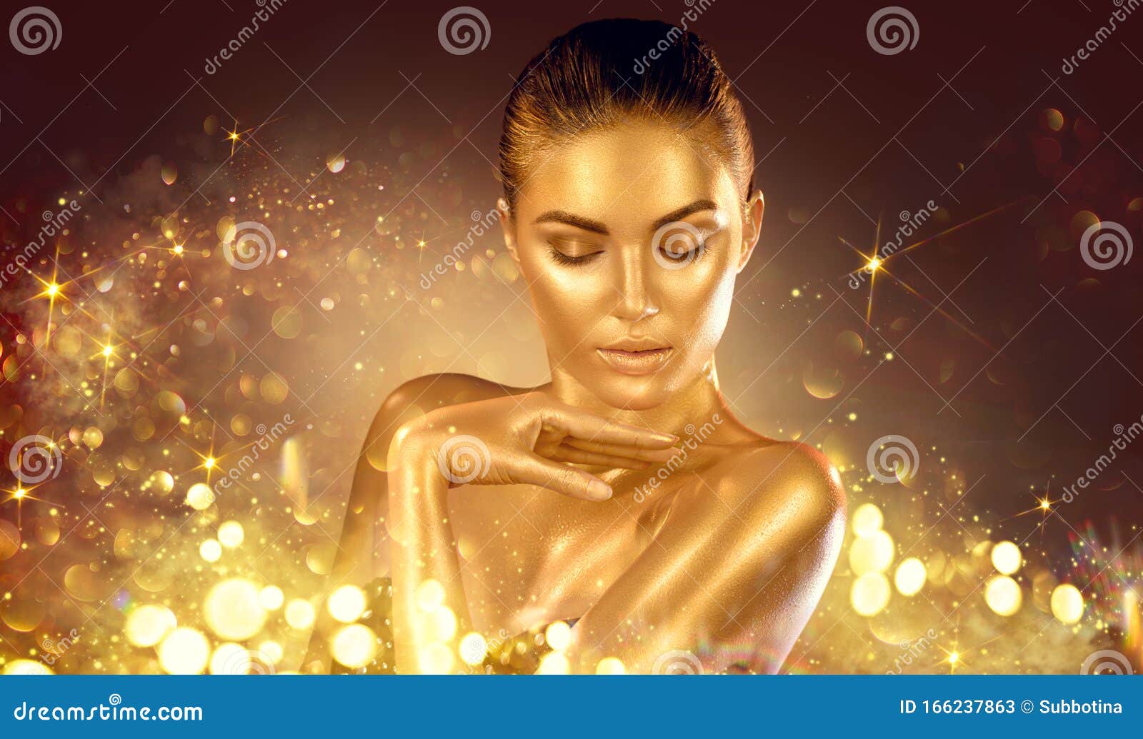 Golden Skin Make Up Woman Face Portrait Closeup Model Girl With