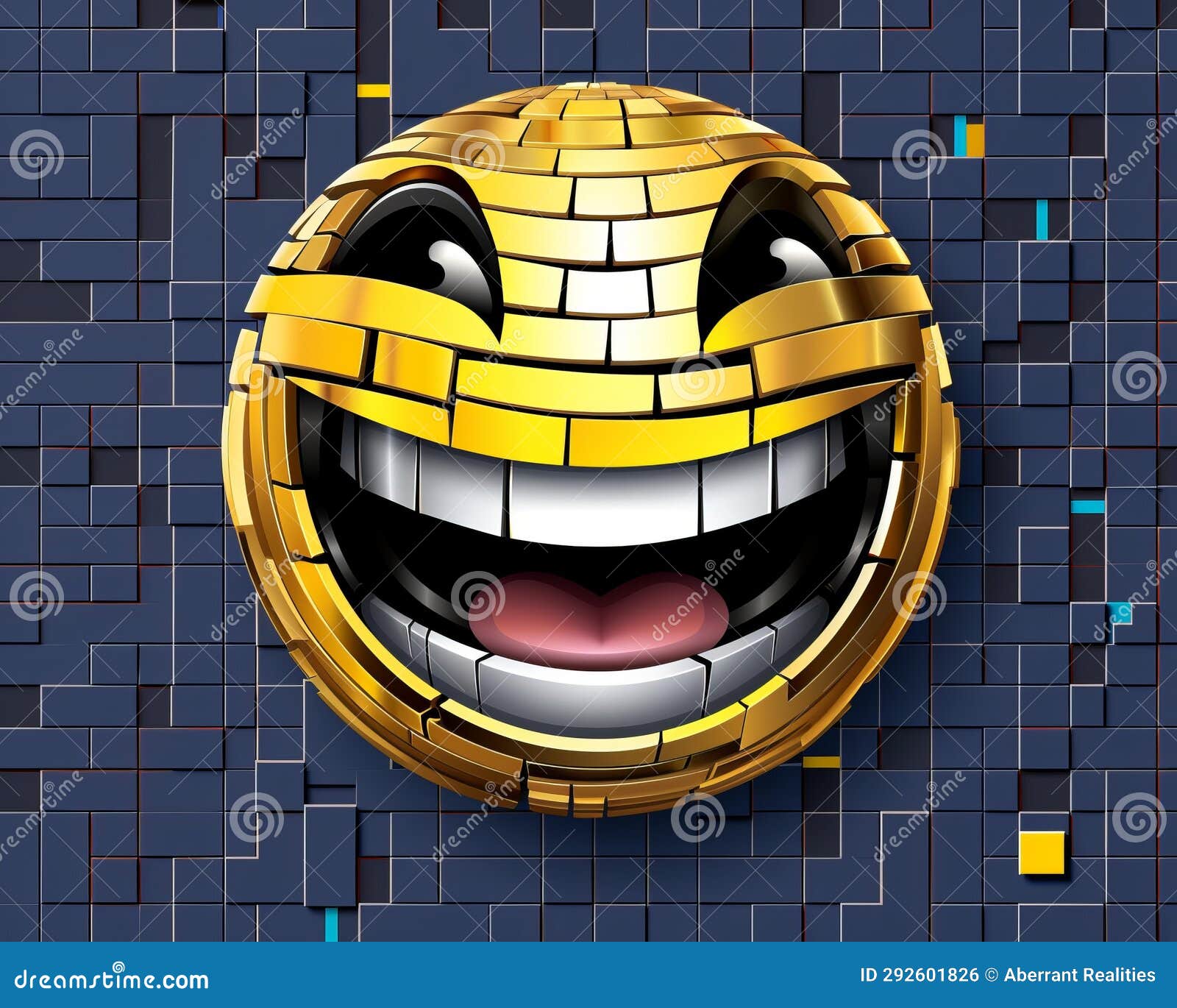 A Golden Smiley Face with an Open Mouth on a Blue Background Stock ...