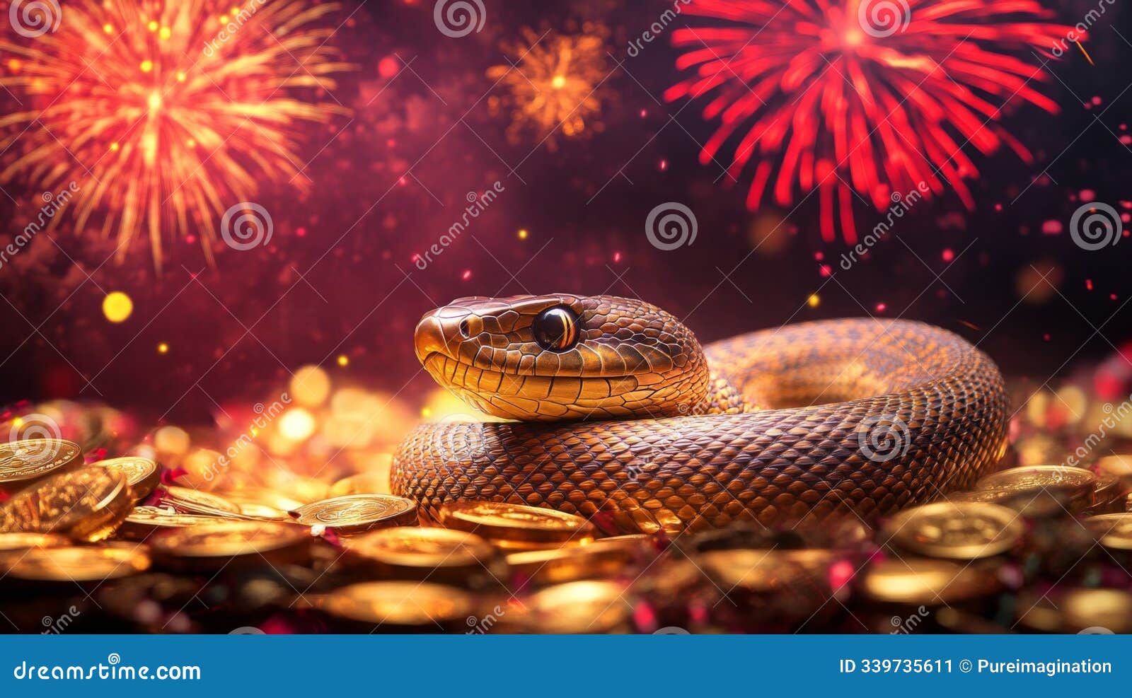 A Golden Snake Coiled on a Bed of Gold Coins with Fireworks in the ...