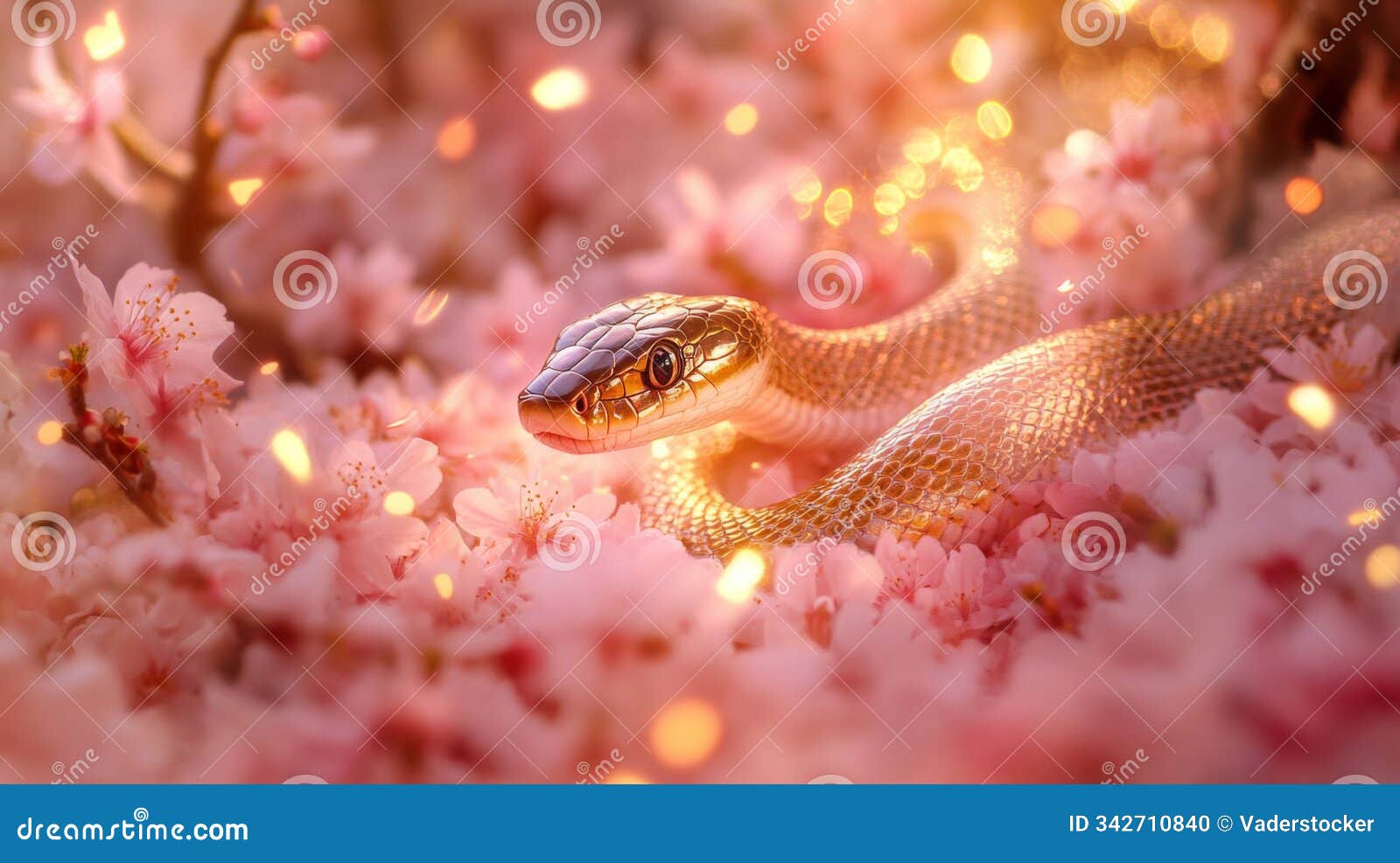 A Golden Snake Curled among Pink Cherry Blossoms Stock Illustration ...