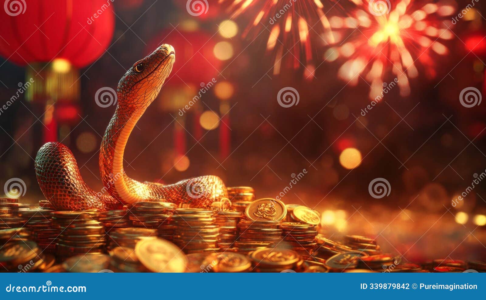 Golden Snake Surrounded by Stacks of Gold Coins with Fireworks in the ...