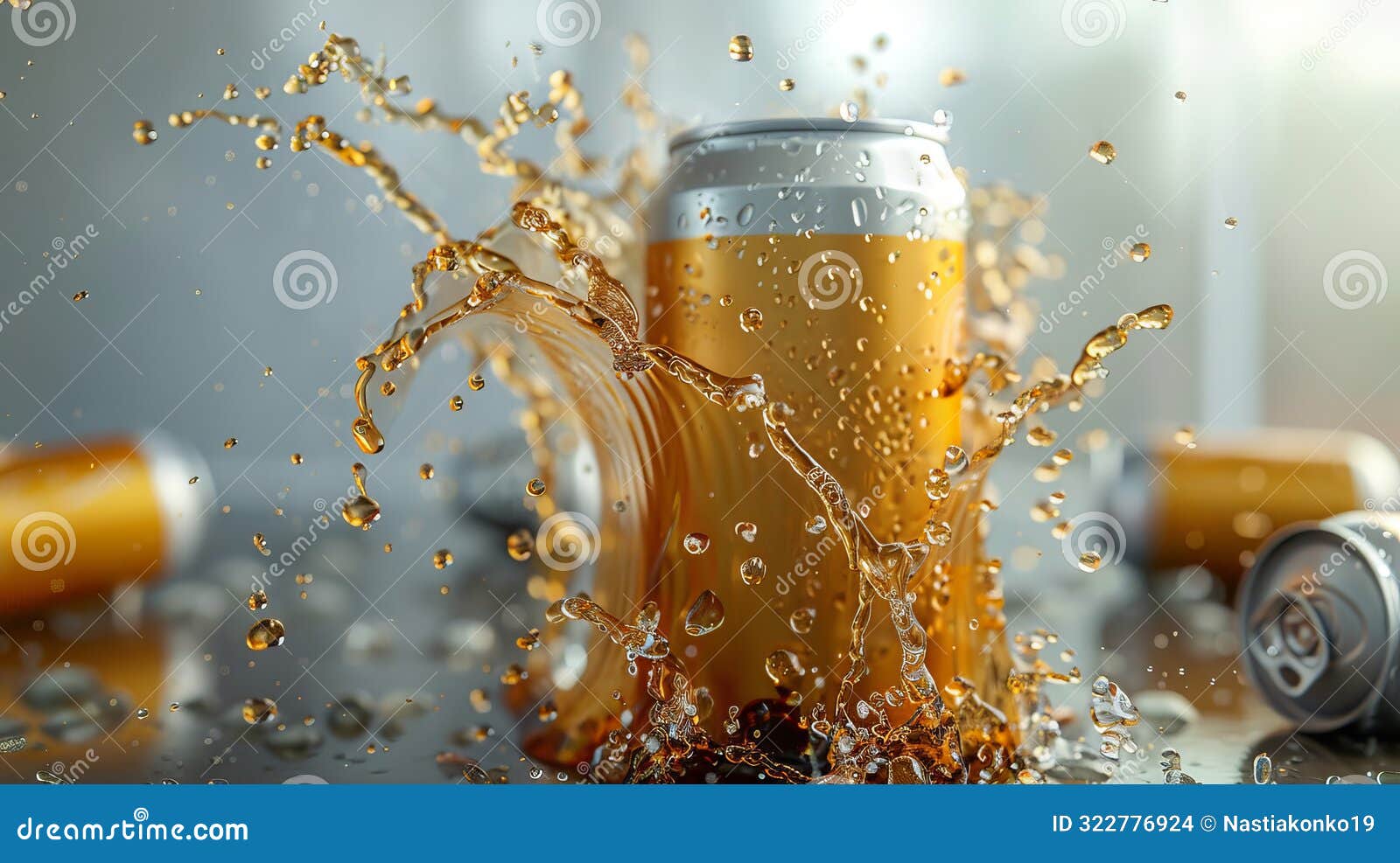 Golden Soda Can with Splash Effect on a Reflective Surface Stock Photo ...