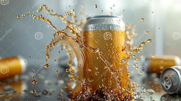 Golden Soda Can with Splash Effect on a Reflective Surface Stock Photo ...