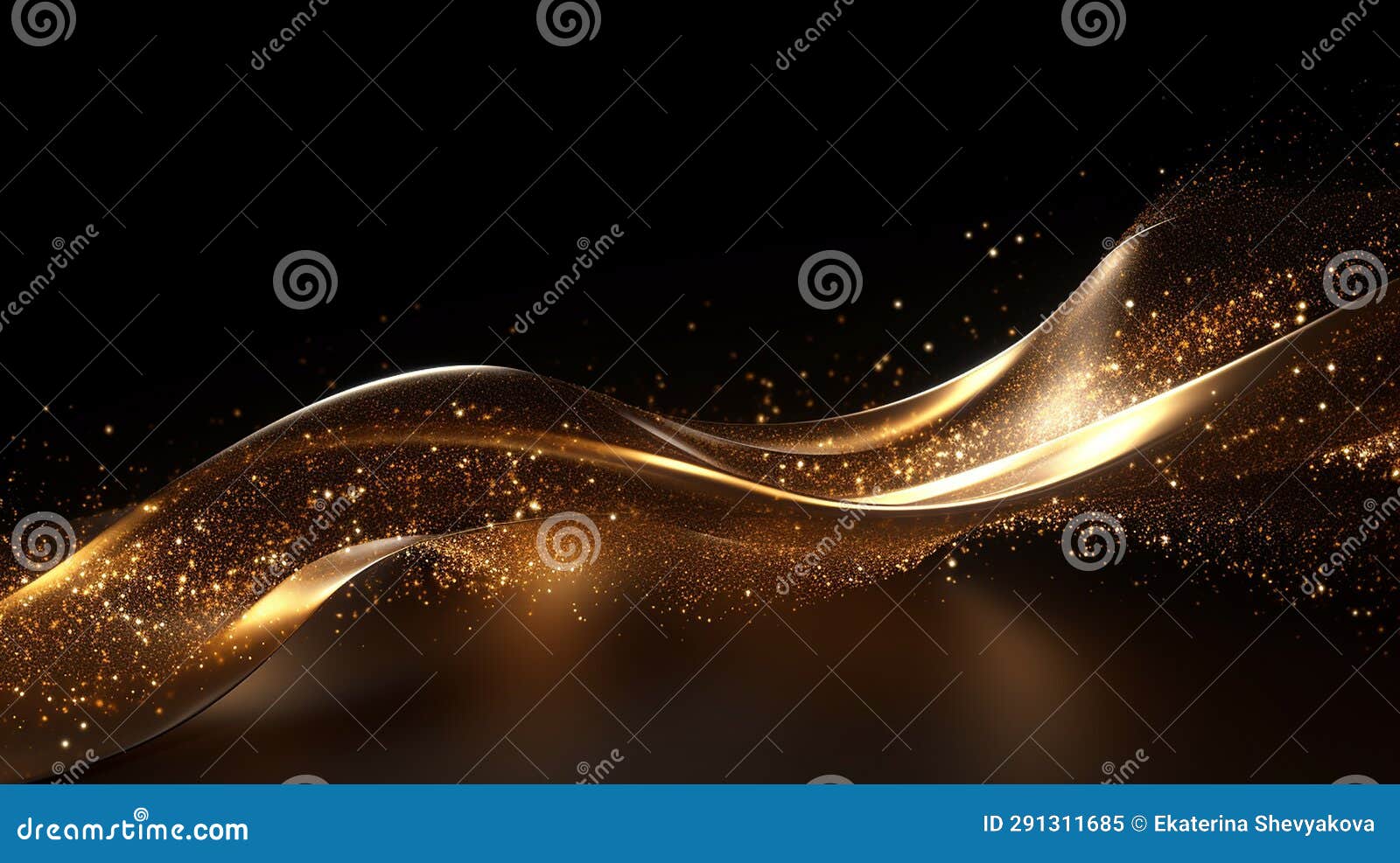 Golden Sparkle Wave on Black Background with Bokeh Stock Illustration ...