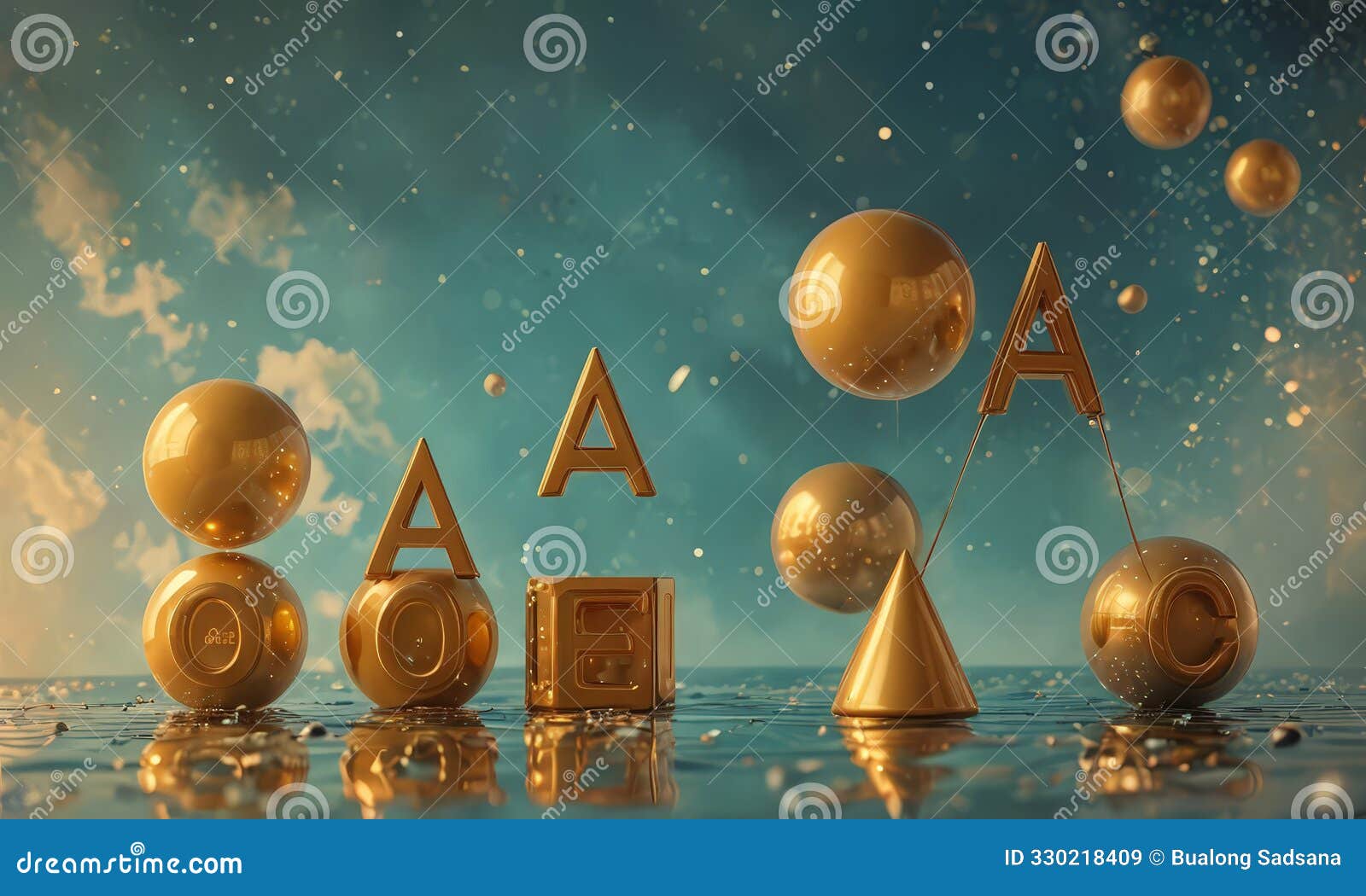 Golden Spheres and Letters Form 3D Composition on Reflective Surface ...