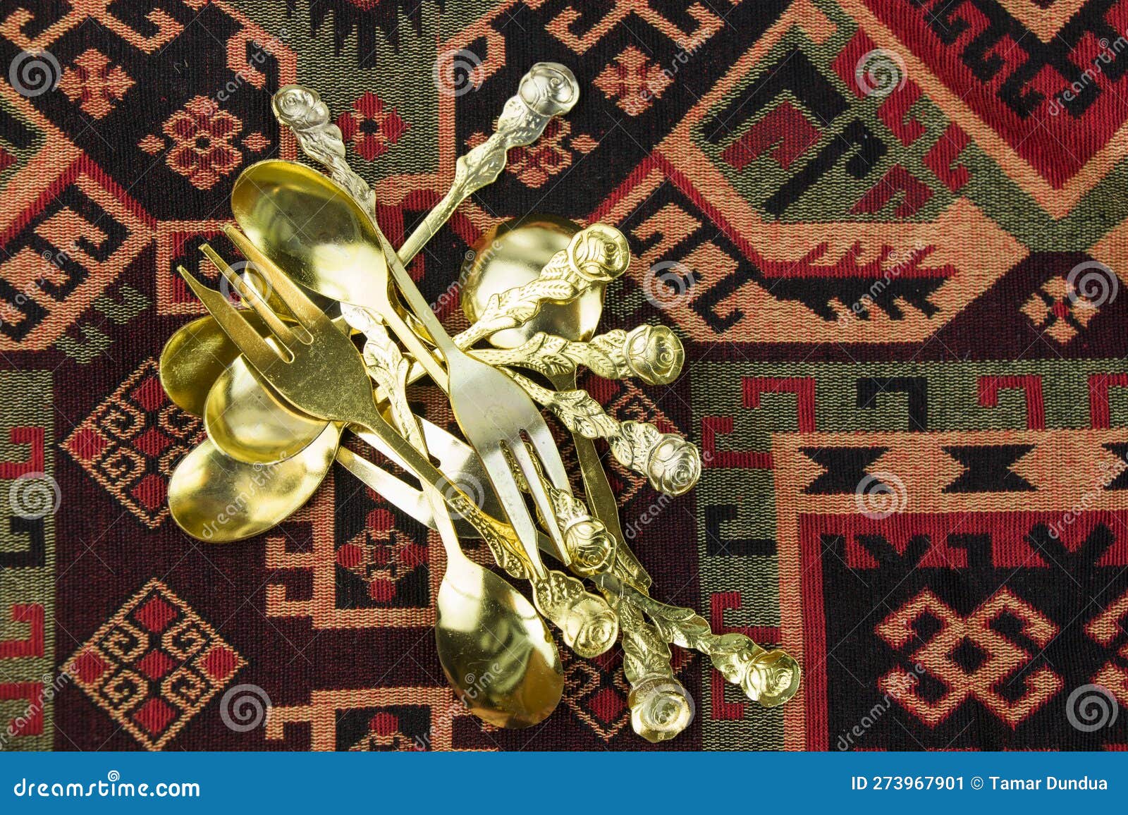 Golden spoons on the table stock image. Image of copy - 273967901