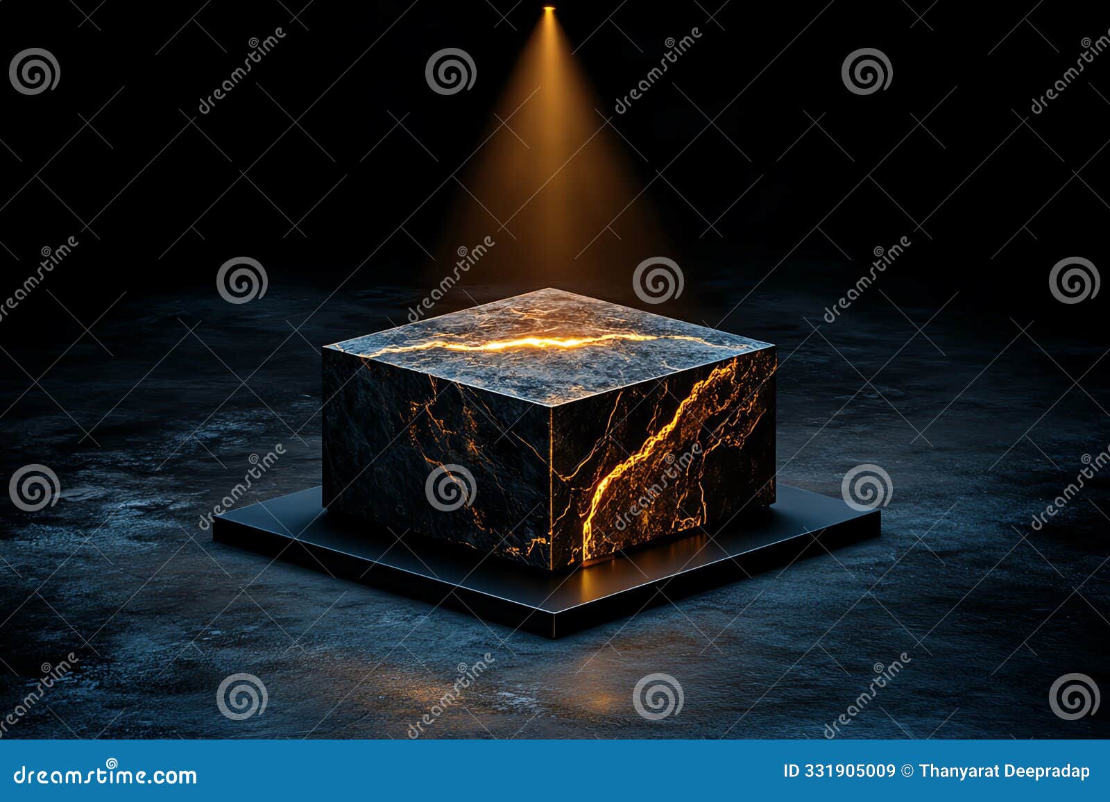 A Golden Spotlight Illuminates a Marble Cube on a Dark Platform ...