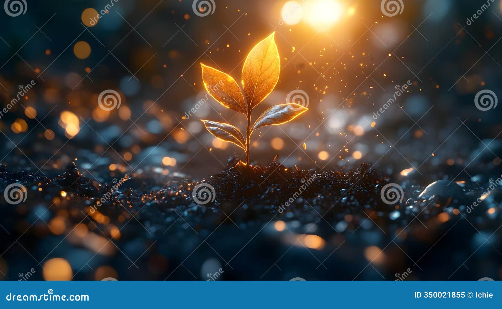 Golden Sprout in a Dark Background, 3D Illustration Stock Illustration ...