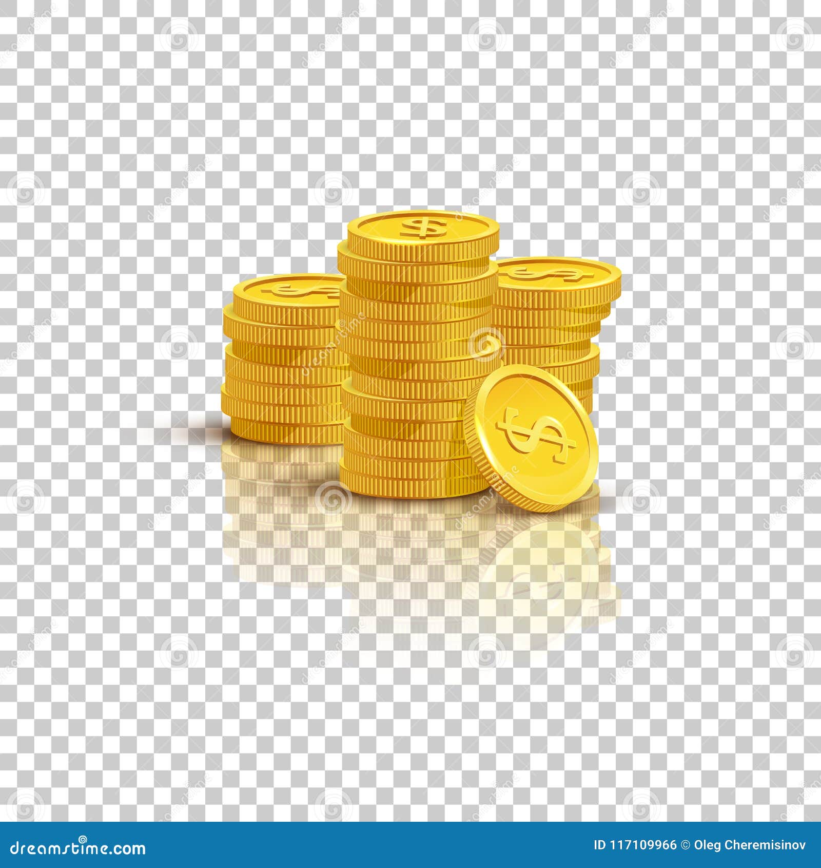 Golden Stack Of Coins With Mirror Reflection Isolated On Transparent ...