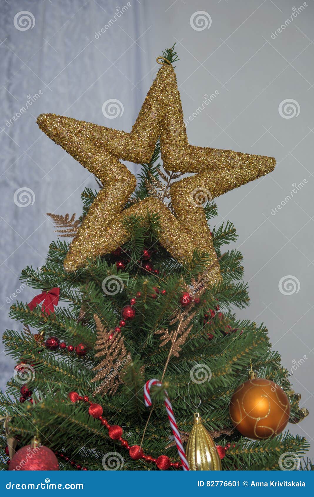 Golden Star on the Top of a Tree Stock Image - Image of holiday ...