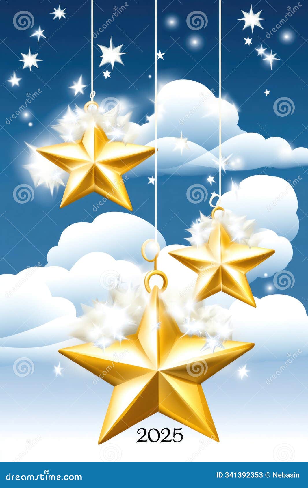 Golden Stars and Clouds Illustration with 2025 Theme Stock Illustration ...