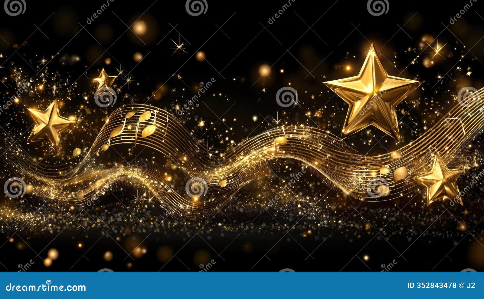 Golden Stars and Musical Notes in Sparkling Night Sky Stock Photo ...