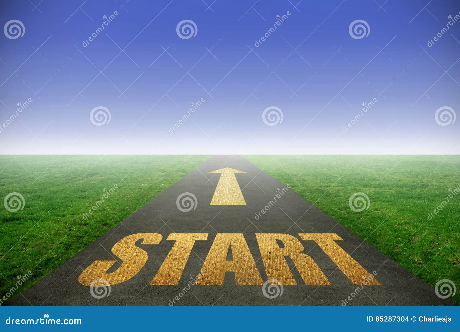 Golden start on road stock illustration. Illustration of text - 85287304