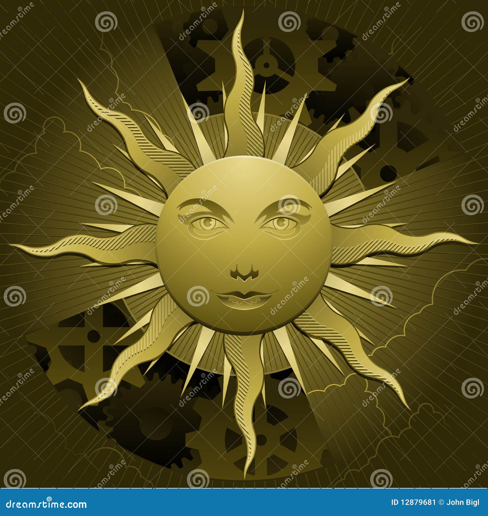 Golden sun stock vector. Illustration of noon, face, cloud - 12879681