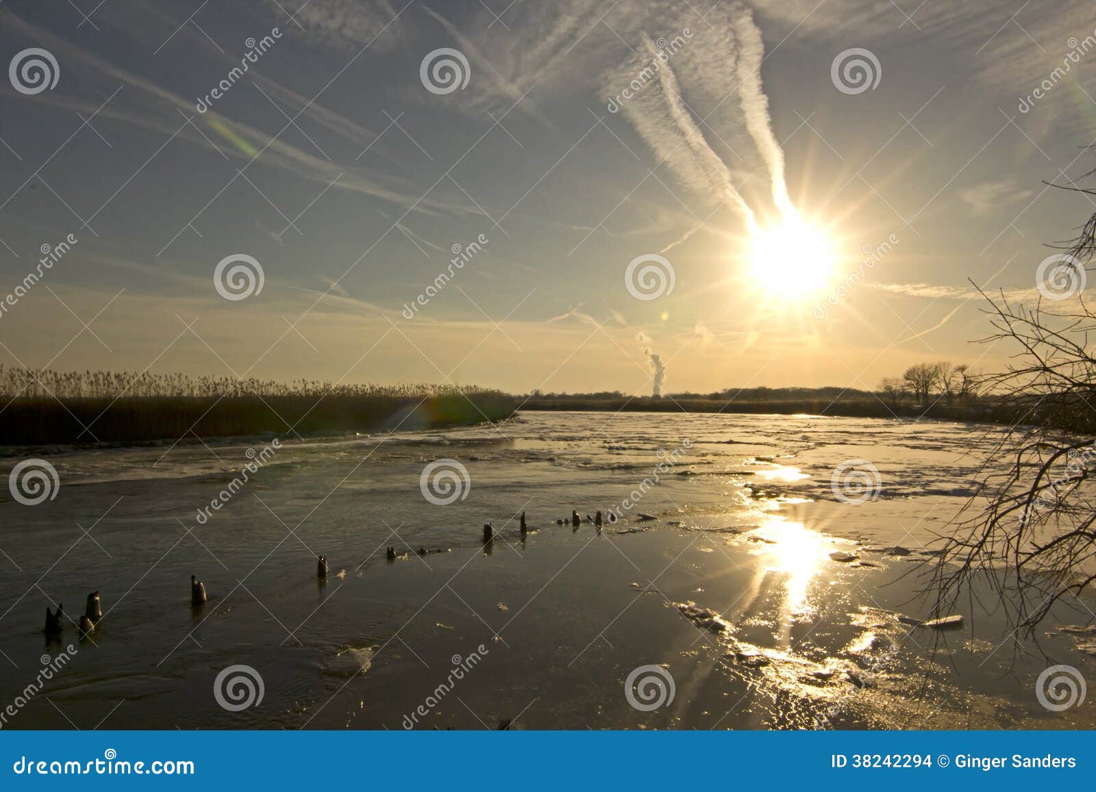 Golden Sun and Cloud Reflections on River Stock Photo - Image of light ...