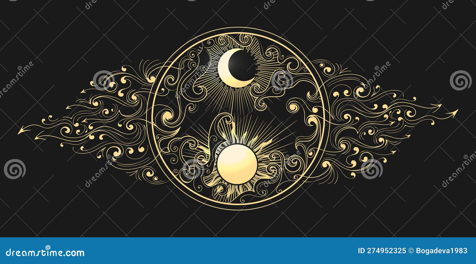 Golden Sun and Moon Esoteric Illustration Isolated on Black Stock ...