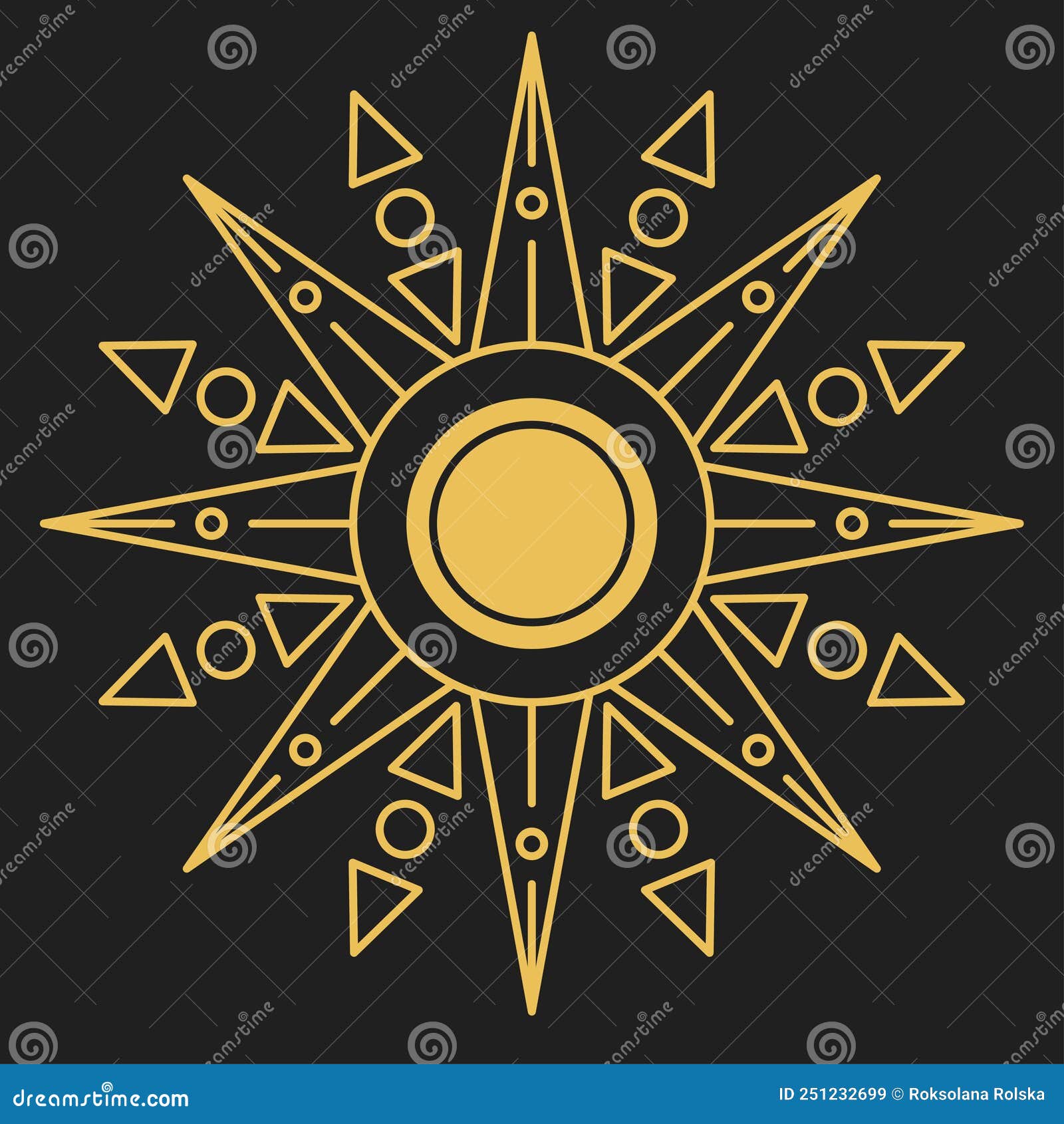 Golden Abstract Sun with Rays on a Black Background. Minimalistic ...