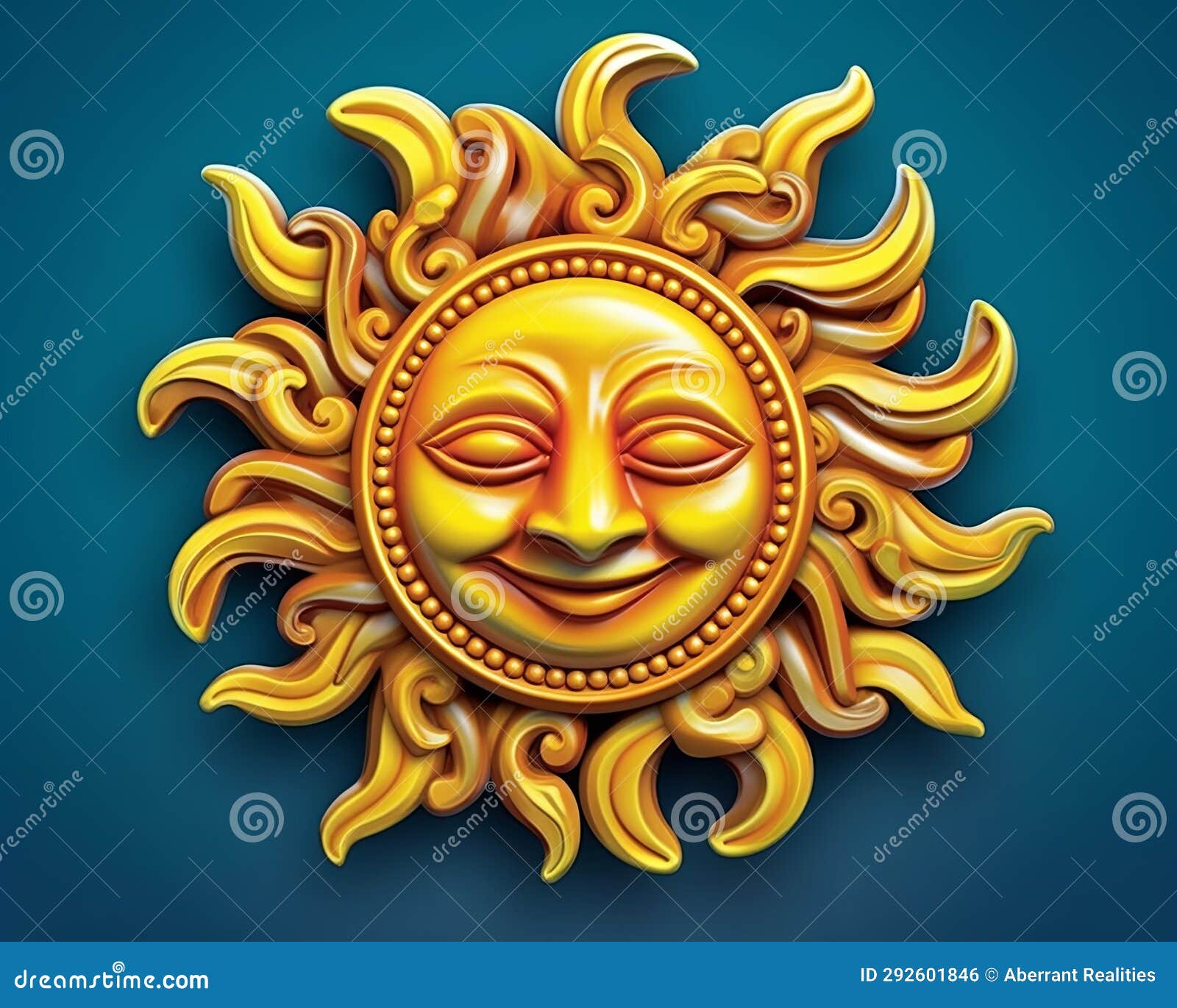 A Golden Sun with a Smiling Face on a Blue Background Stock ...