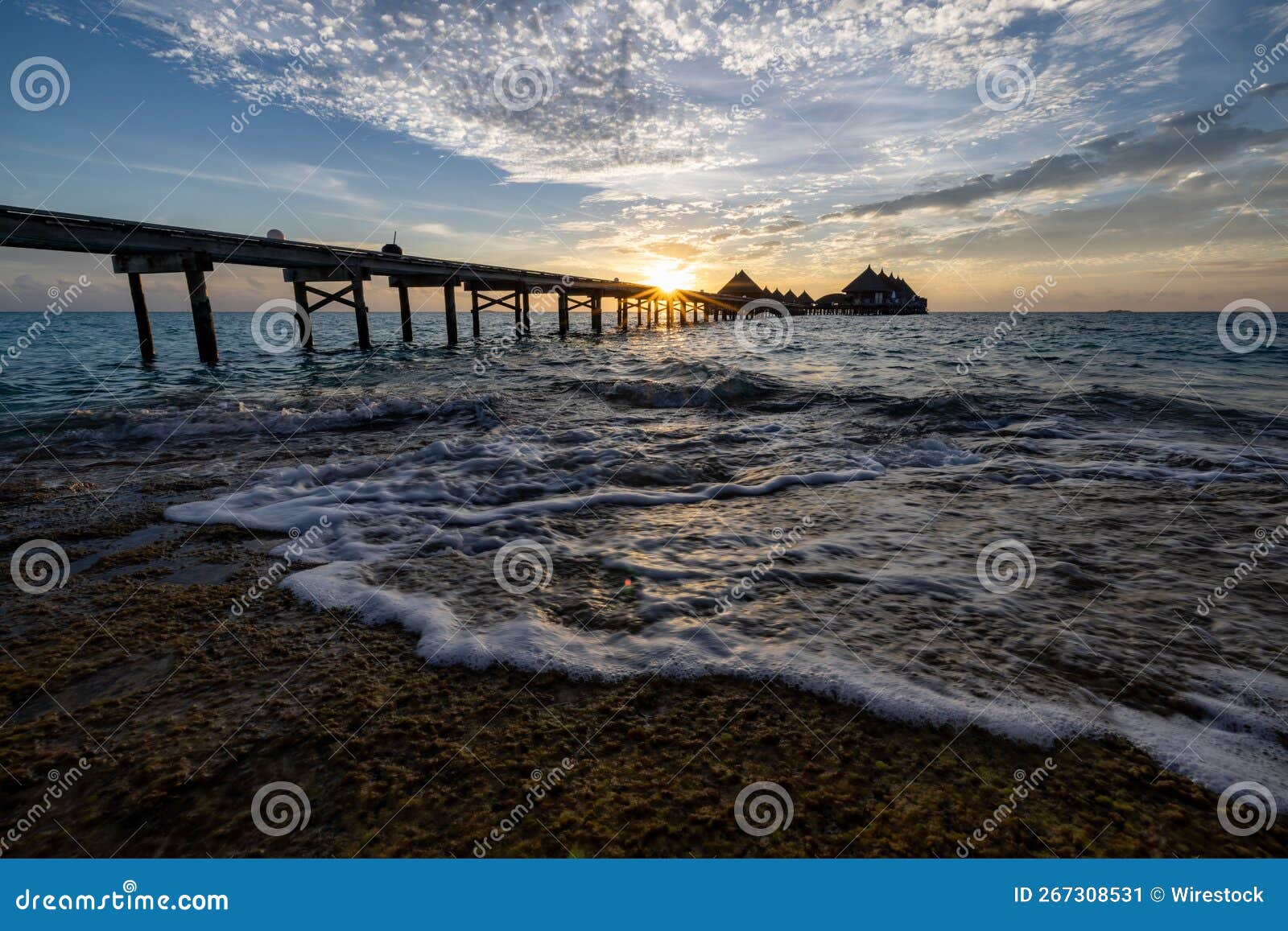 Golden Sunset Over the Beach with a Boardwalk Stock Image - Image of ...