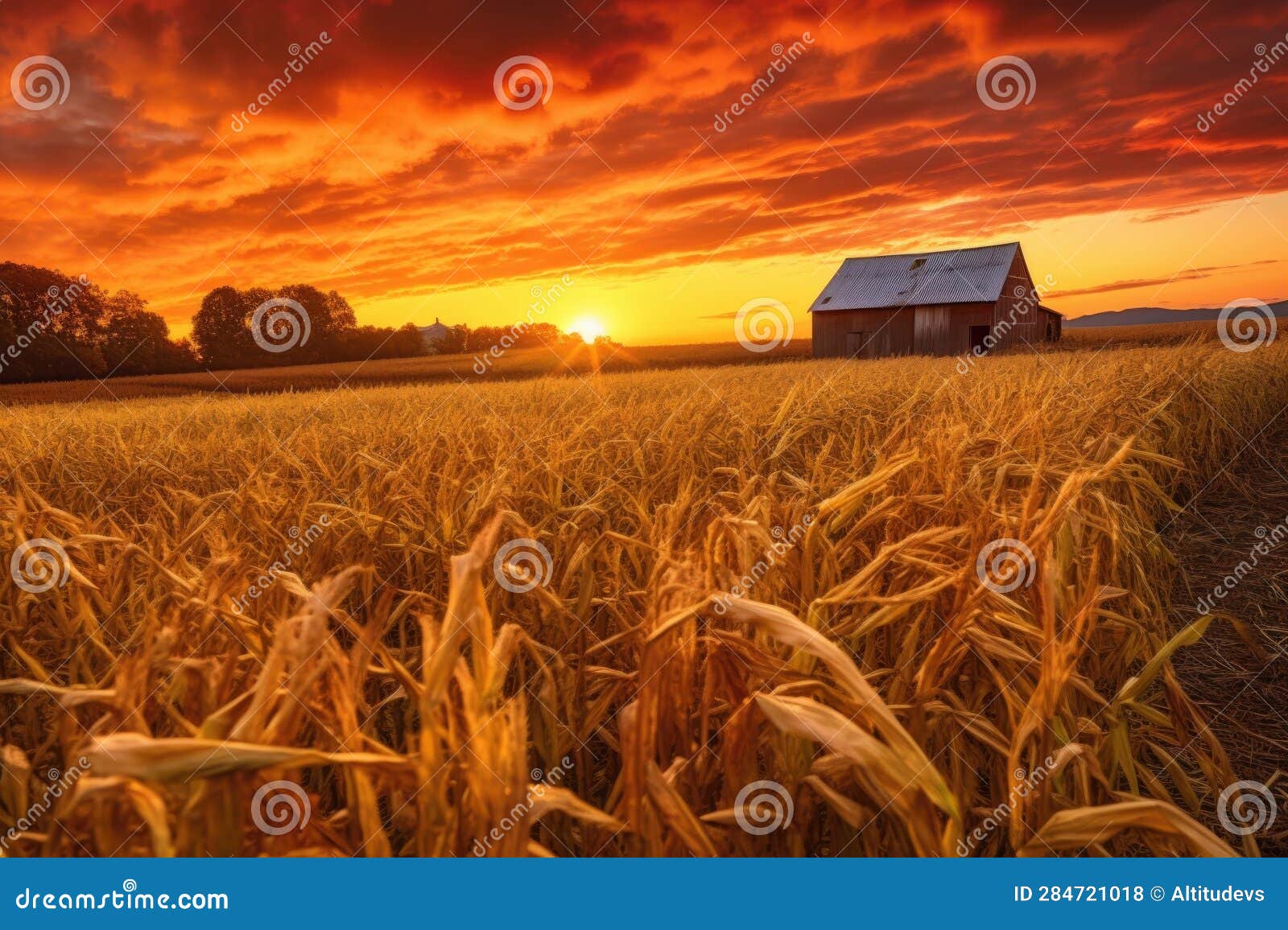 Golden Sunset Over a Freshly Harvested Cornfield Stock Illustration ...