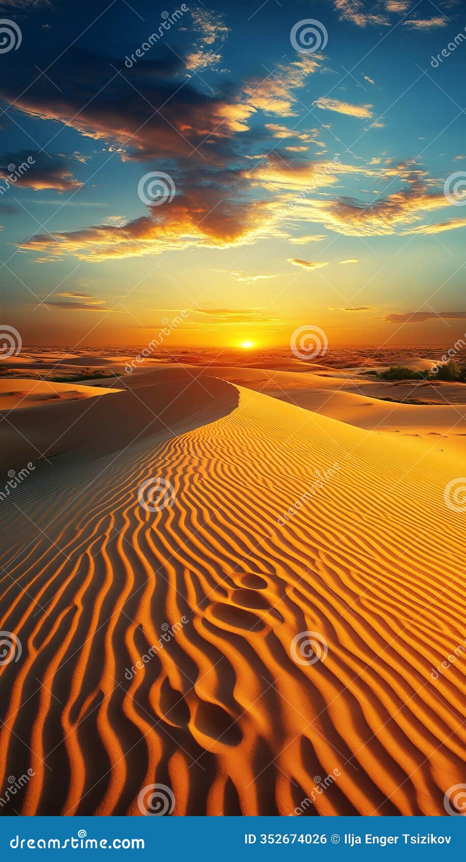 Golden Sunset Over Sand Dunes, Dramatic Clouds and Panoramic View of ...