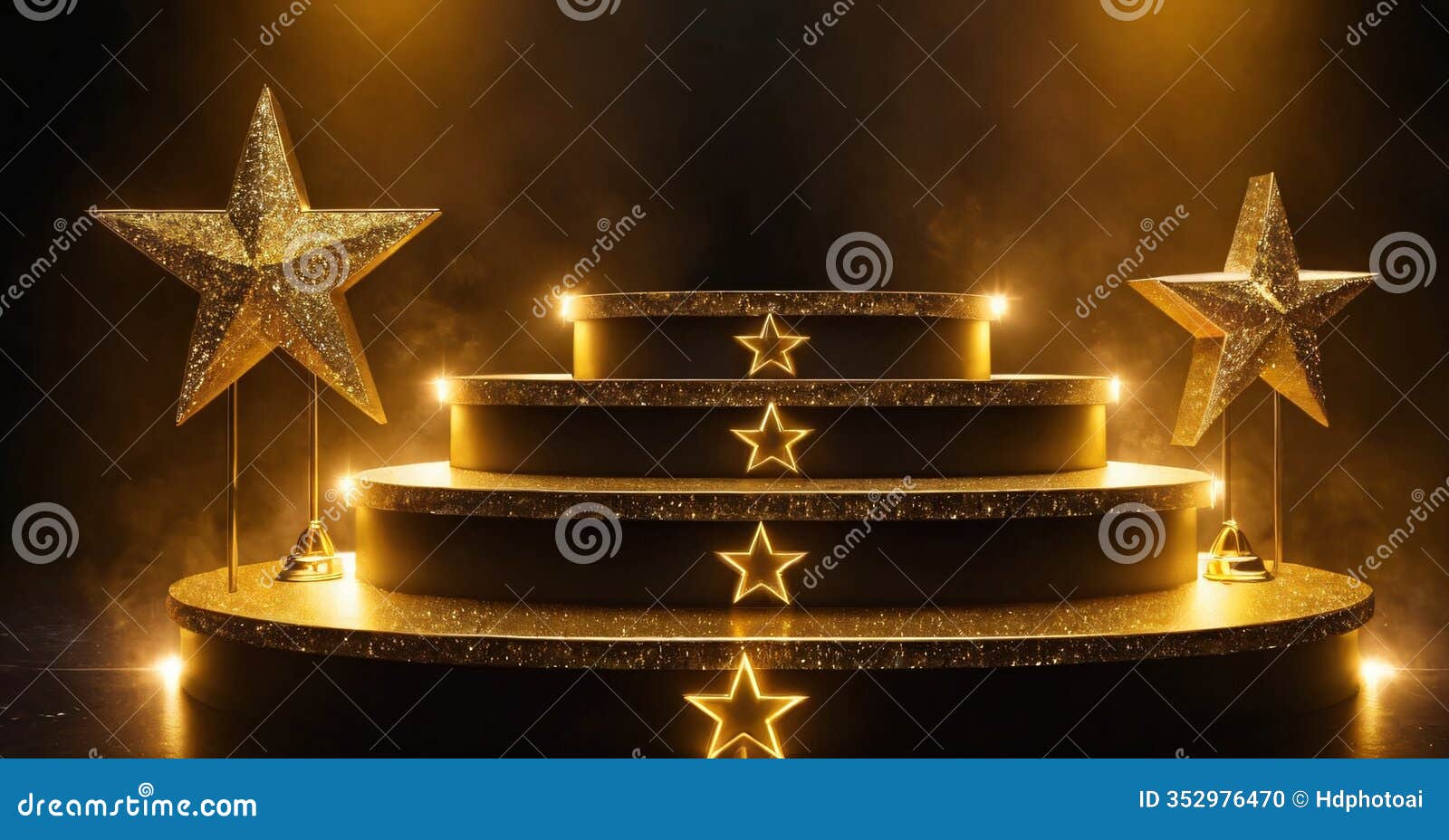 Golden Three Step Podium with Star Glowing. Gold Stage with Glitter ...