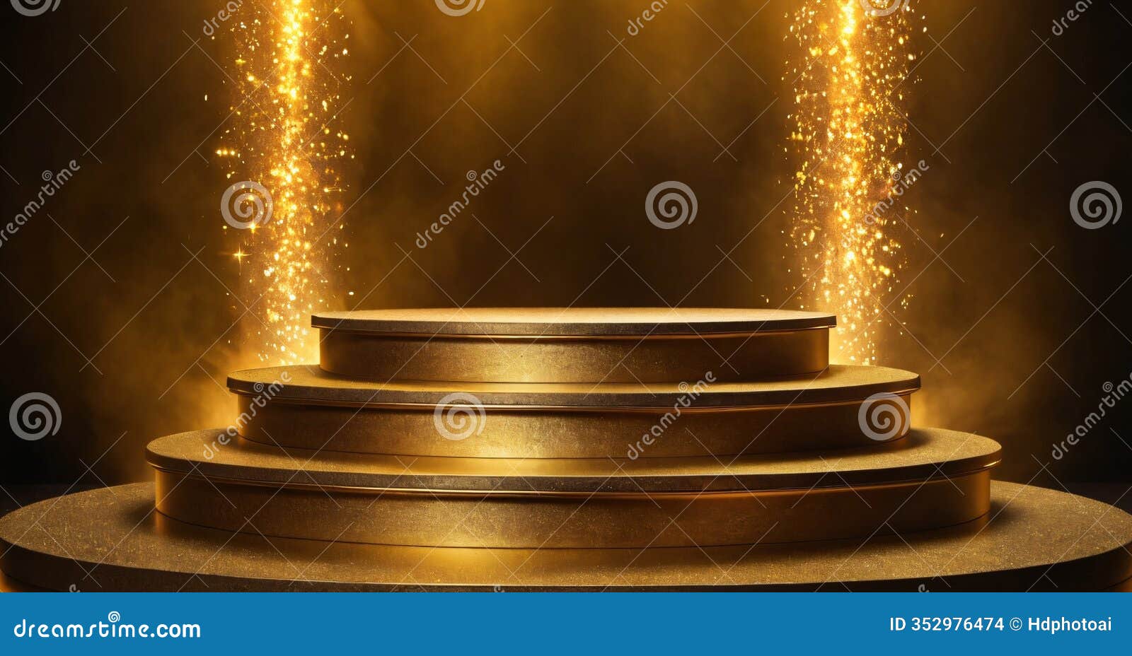 Golden Three Step Podium with Star Glowing. Gold Stage with Glitter ...