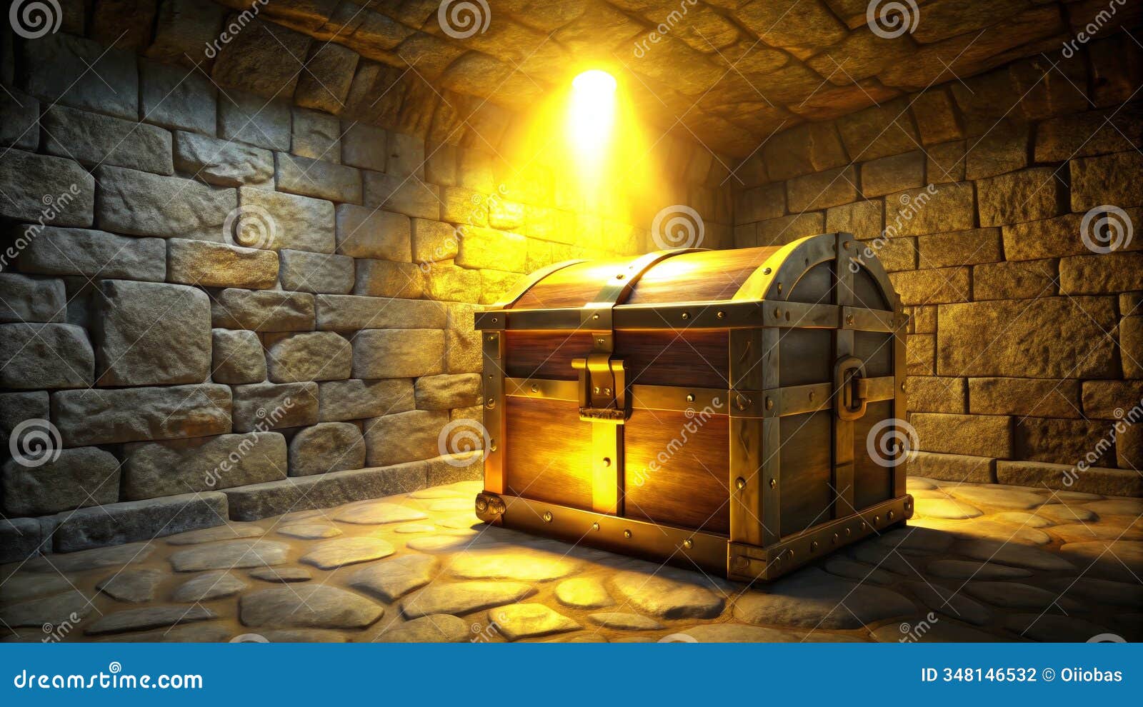 Golden Treasure Chest in Stone Chamber 3D Render Stock Illustration ...
