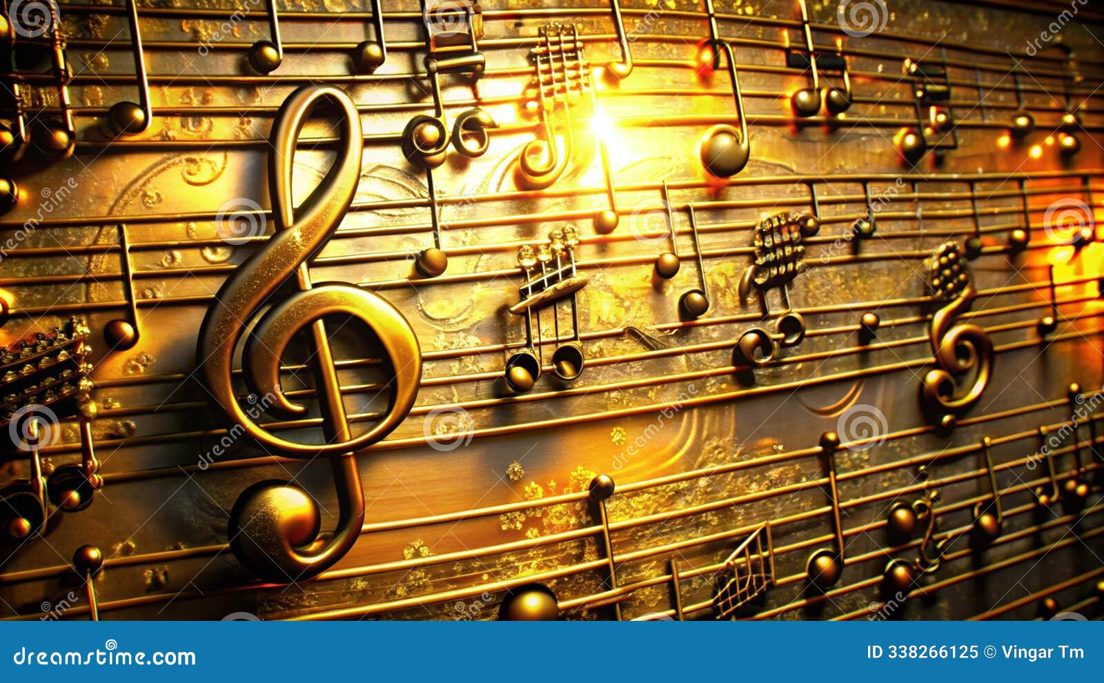 Golden Treble Clef and Musical Notes on a Sheet Music Background Stock ...