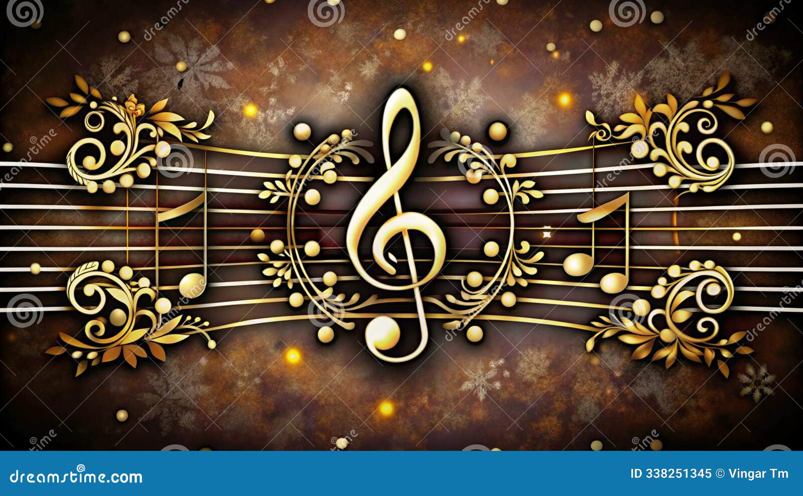 Golden Treble Clef with Musical Notes and Snowflakes on a Brown ...