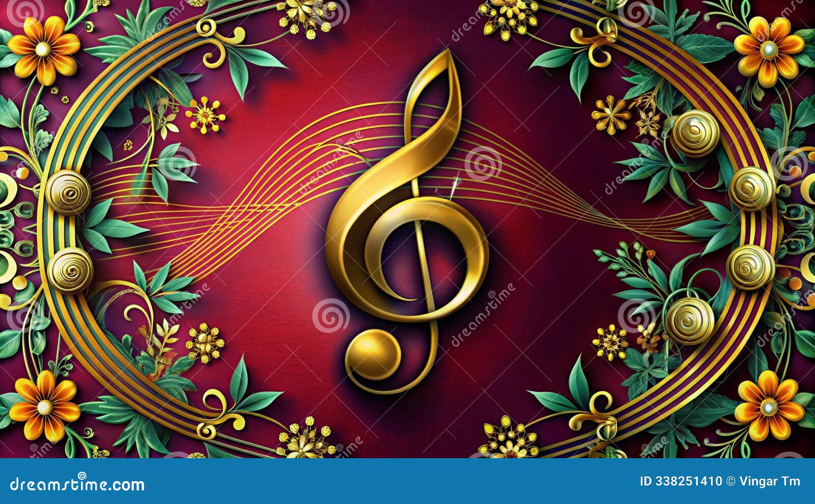 A Golden Treble Clef on a Red Background with a Floral Frame Stock ...