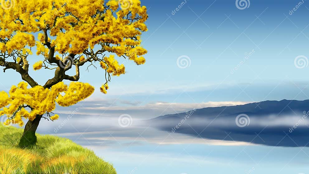 Golden Tree in Blue Landscape Stock Photo - Image of calm, grass: 5936108