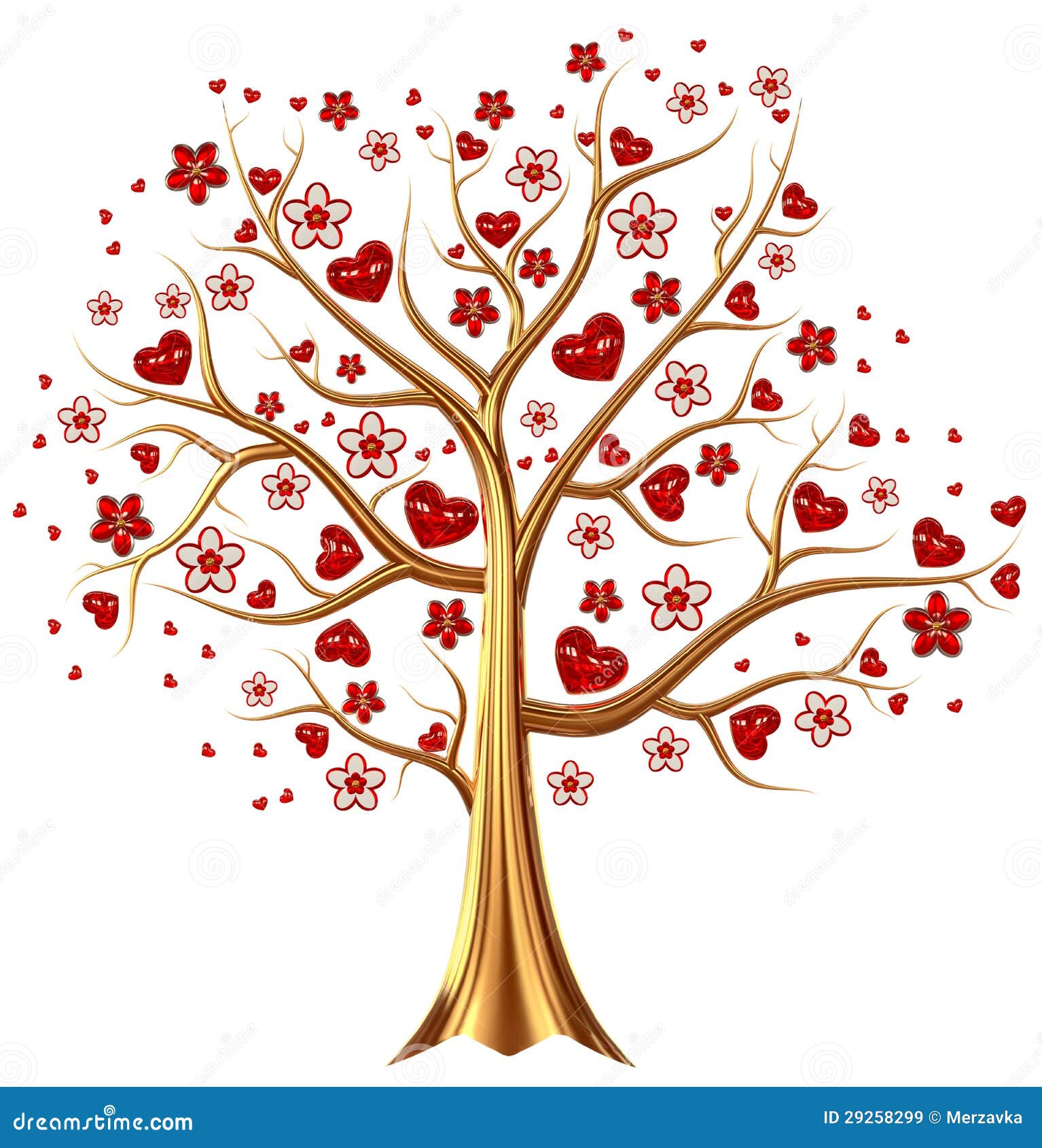 Golden Tree with Hearts and Flowers Stock Illustration - Illustration ...