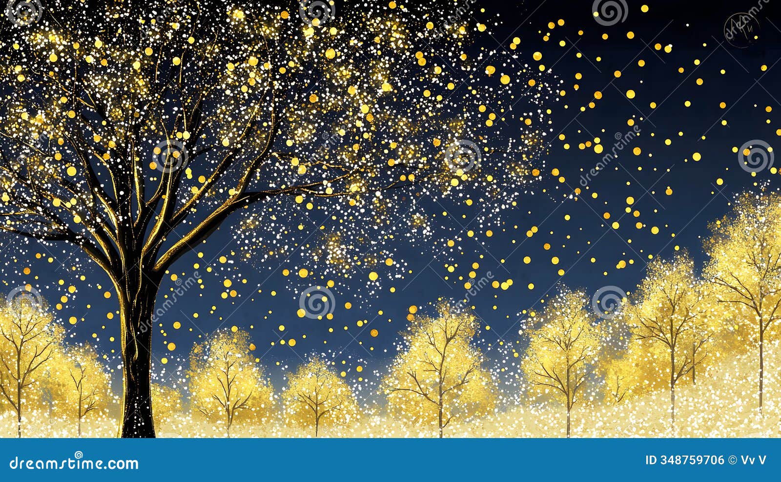 Golden Tree Illuminated in a Starry Night Sky Stock Illustration ...
