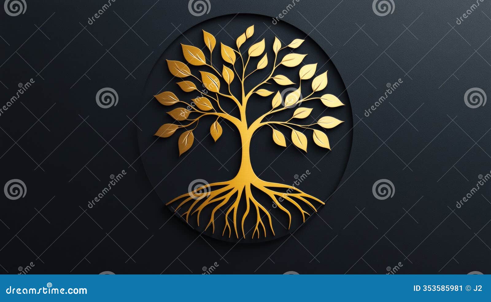 Golden Tree of Life Artwork on Dark Background with Intricate Root and Leaf Design Stock Image ...