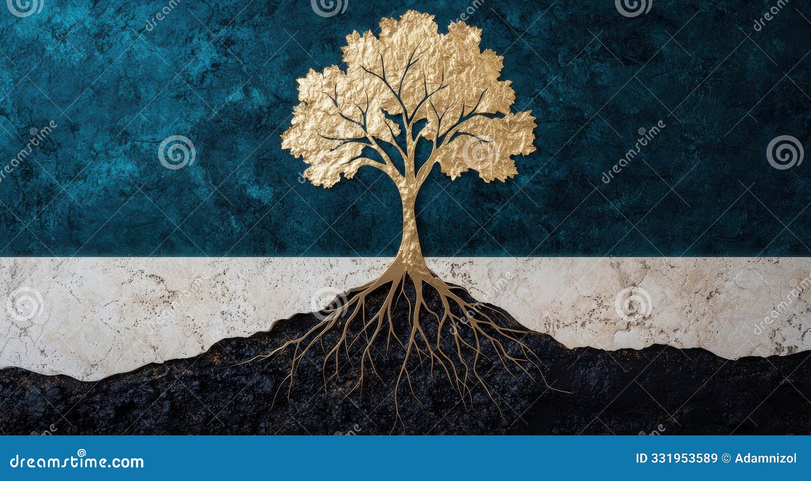 Golden Tree with Roots on Blue and White Background Stock Illustration ...