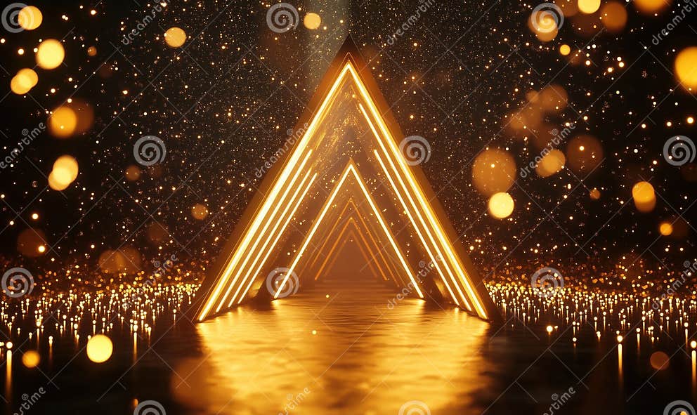 Golden Triangular Light Structures, Shimmering Particles, Reflective ...