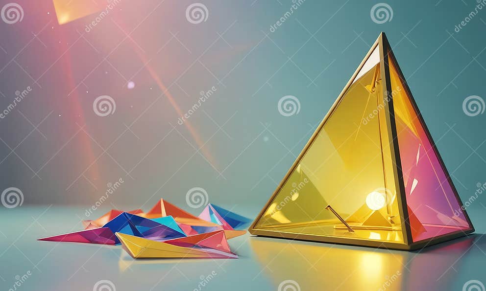 Golden Triangular Sculpture with Reflective Surface Sits on Blue ...